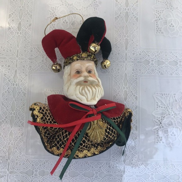 Holiday | Vintage Jester Santa Porcelain Fabric Ornament Red Black Gold ...